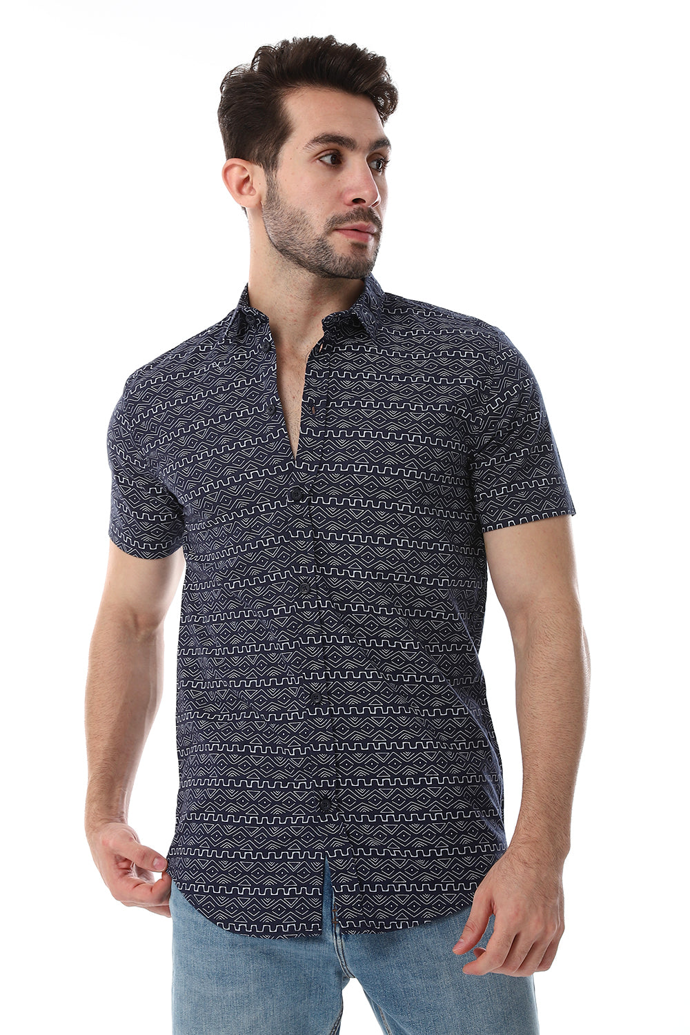 Self Pattern Buttons Down Closure Shirt – Navy & White